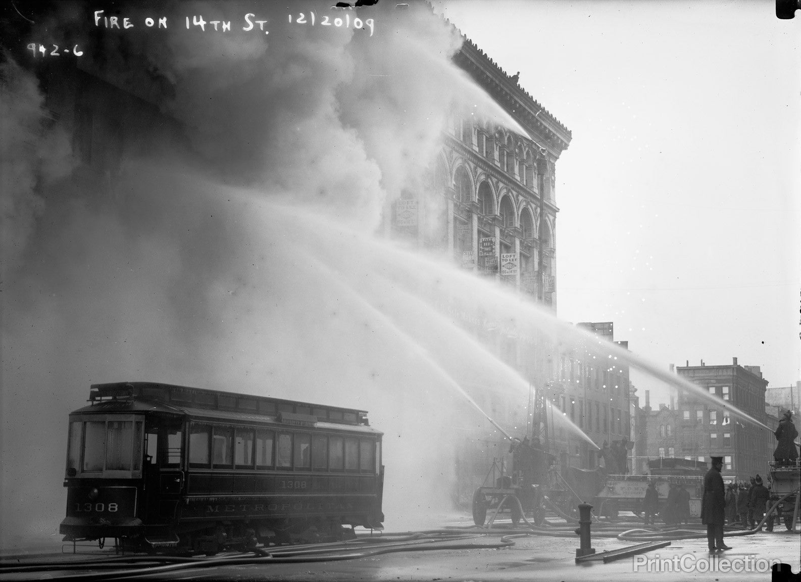 Print Collection - Firemen spraying burning building on 14th St